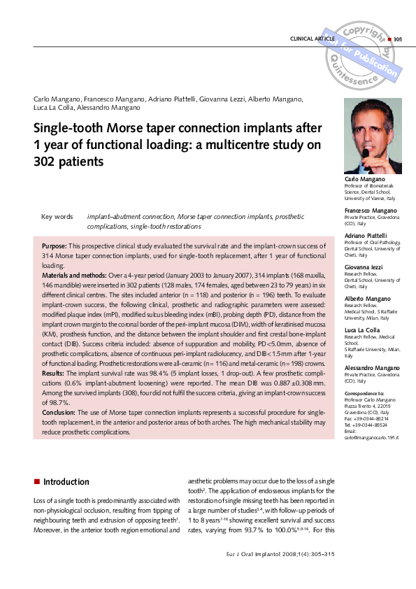 (PDF) Single-tooth Morse taper connection implants after 1 year of ...
