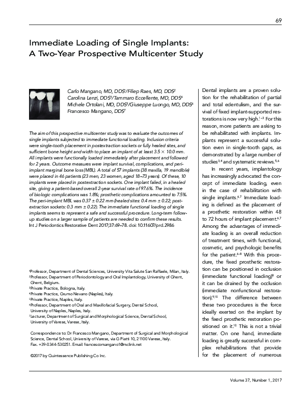 (PDF) Immediate Loading of Single Implants: A 2-Year Prospective Multicenter Study