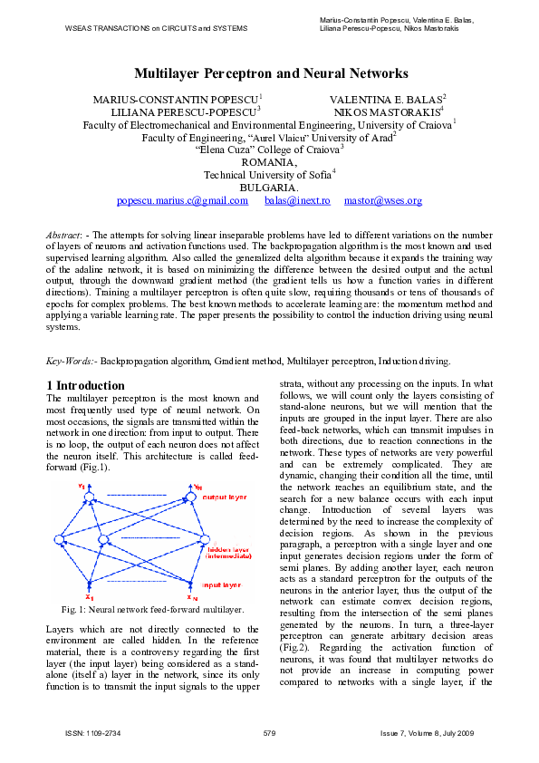 (PDF) Multilayer perceptron and neural networks