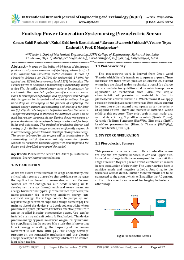 (PDF) IRJET- Footstep Power Generation System using Piezoelectric Sensor