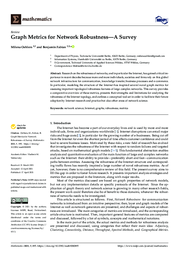 (PDF) Graph Metrics for Network Robustness—A Survey