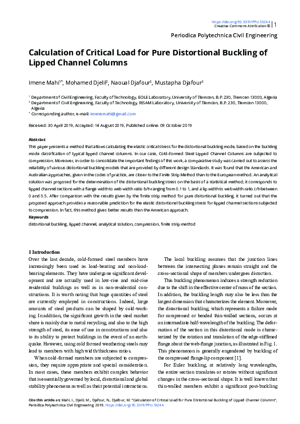 (PDF) Calculation of Critical Load for Pure Distortional Buckling of ...