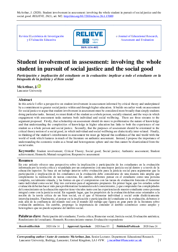Student involvement in assessment: involving the whole student in ...