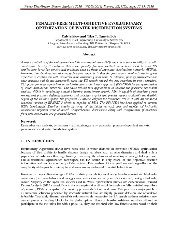 Pdf Penalty Free Multi Objective Evolutionary Optimization Of Water Distribution Systems