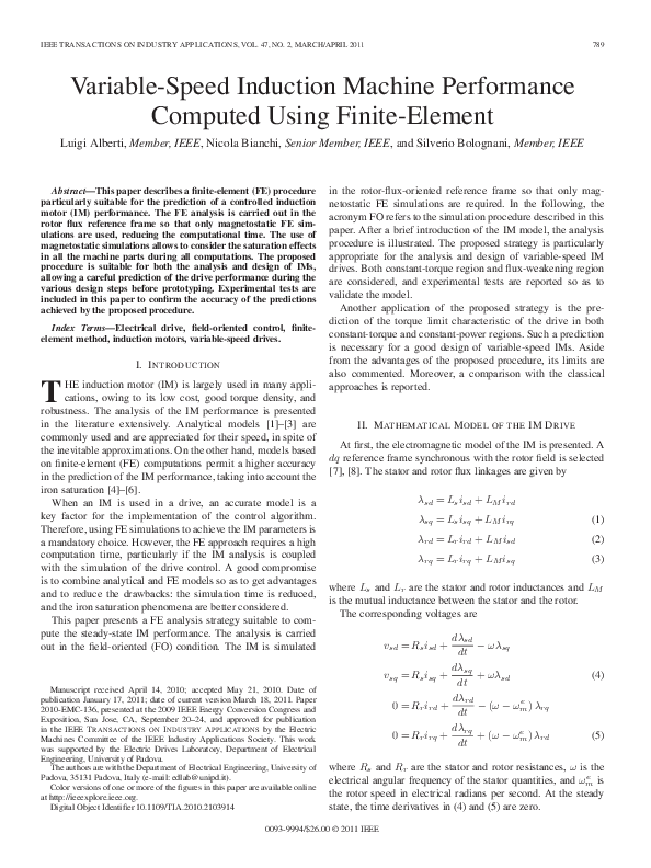 Pdf Variable Speed Induction Machine Performance Computed Using Finite Element Silverio 3017