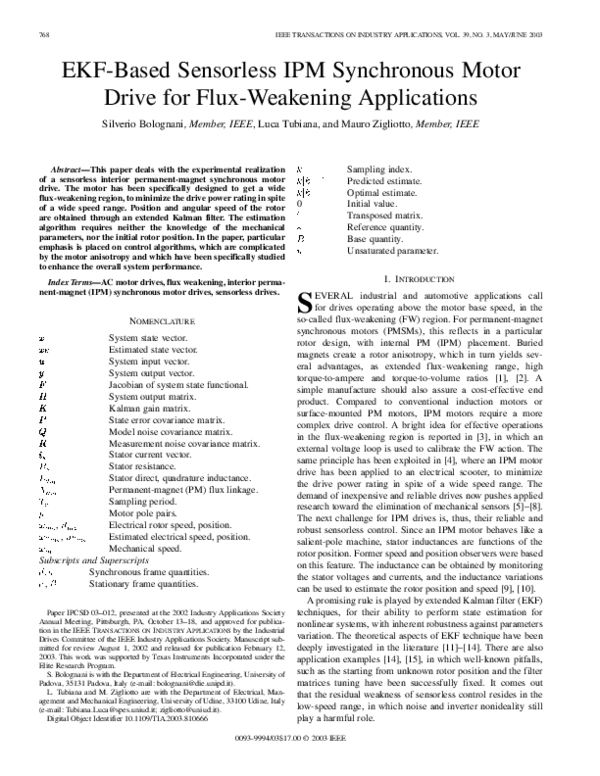 (PDF) EKF-based sensorless IPM synchronous motor drive for flux-weakening applications