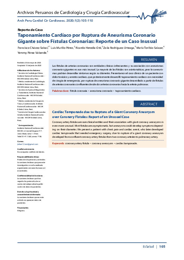 (PDF) Taponamiento cardíaco por ruptura de aneurisma coronario gigante ...