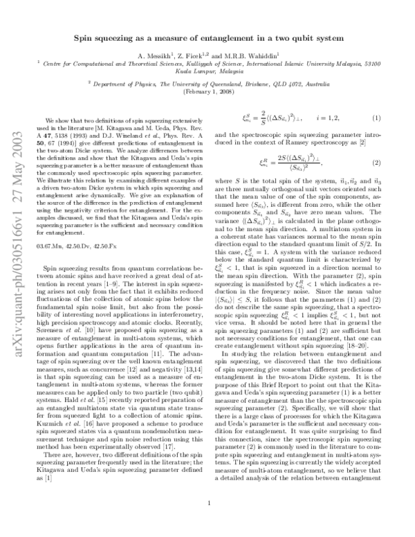 (PDF) Spin squeezing as a measure of entanglement in a two-qubit system