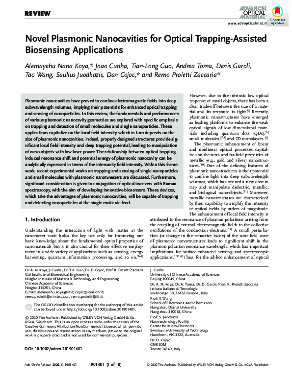 (PDF) Novel Plasmonic Nanocavities for Optical Trapping‐Assisted Biosensing Applications