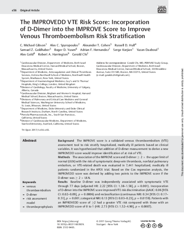 (PDF) The IMPROVEDD VTE Risk Score: Incorporation of D-Dimer into the ...