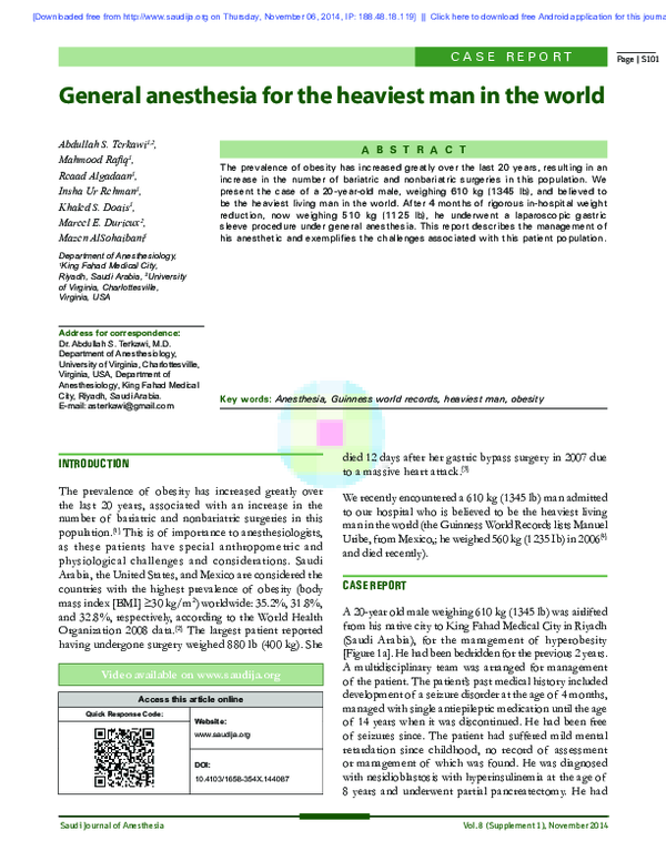 (PDF) General anesthesia for the heaviest man in the world