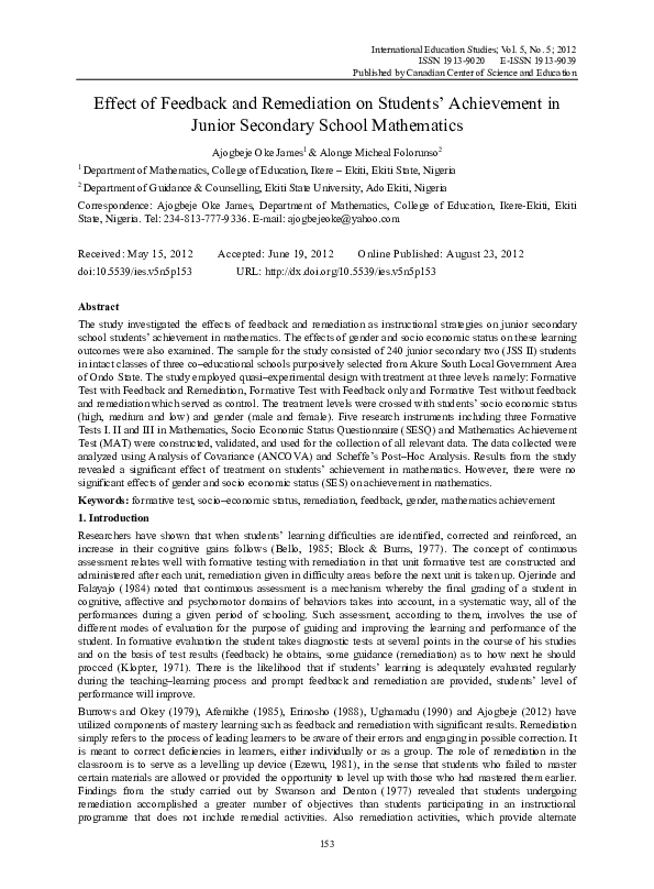 (PDF) Effect of Feedback and Remediation on Students’ Achievement in ...