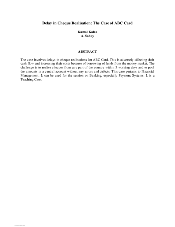 (PDF) Cheque Realisation Delays Impacting ABC Card's Cash Flow