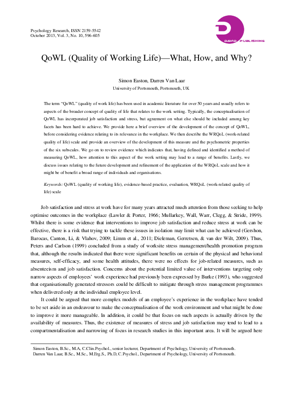 (PDF) QoWL (Quality of Working Life)—What, How, and Why?