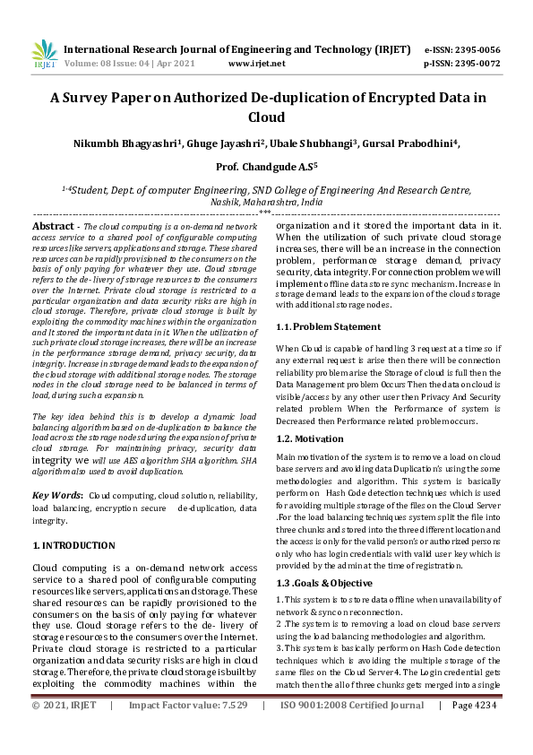 (PDF) IRJET- A Survey Paper on Authorized De-duplication of Encrypted Data in Cloud