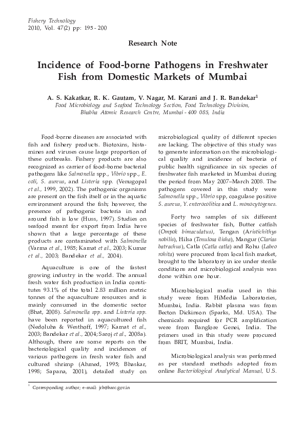 (PDF) Incidence of Food-borne Pathogens in Freshwater Fish from ...