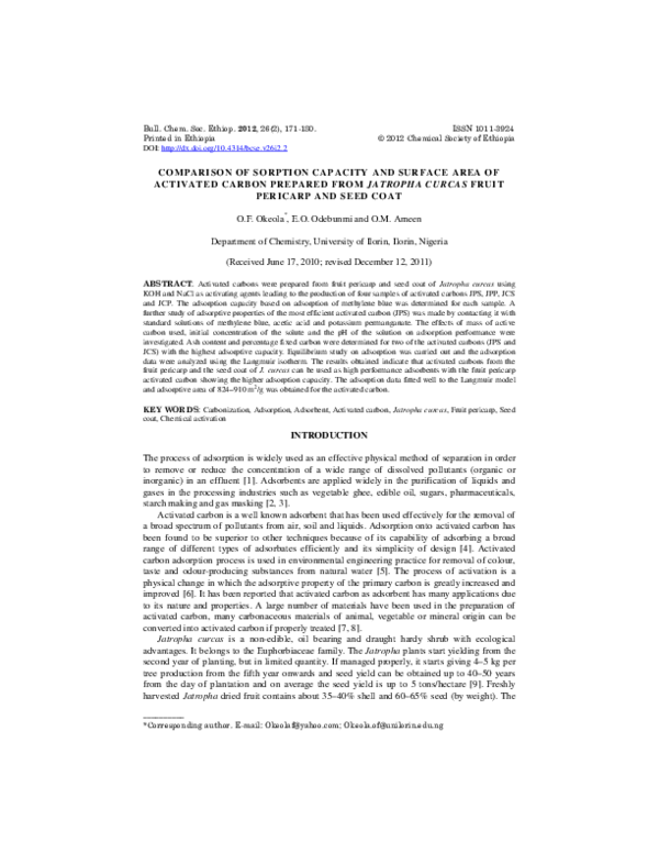 (PDF) Comparison of sorption capacity and surface area of activated carbon prepared from ...