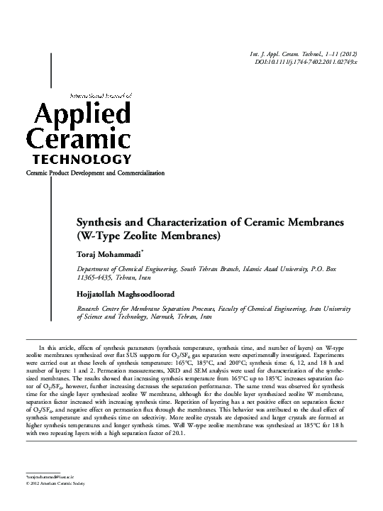 (PDF) Synthesis and Characterization of Ceramic Membranes (W-Type ... (PDF) Synthesis and Characterization of Ceramic Membranes (W-Type ...