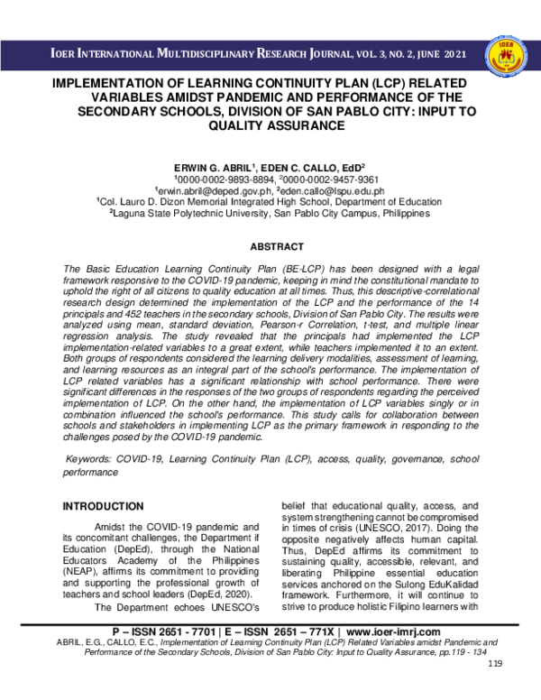 Pdf Implementation Of Learning Continuity Plan Lcp Related Variables Amidst Pandemic And