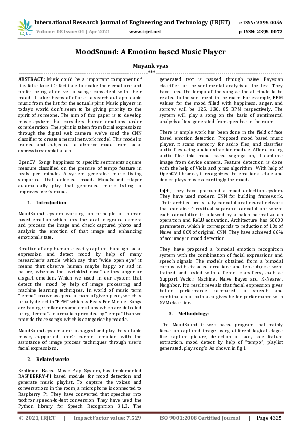 (PDF) IRJET- MoodSound: A Emotion based Music Player