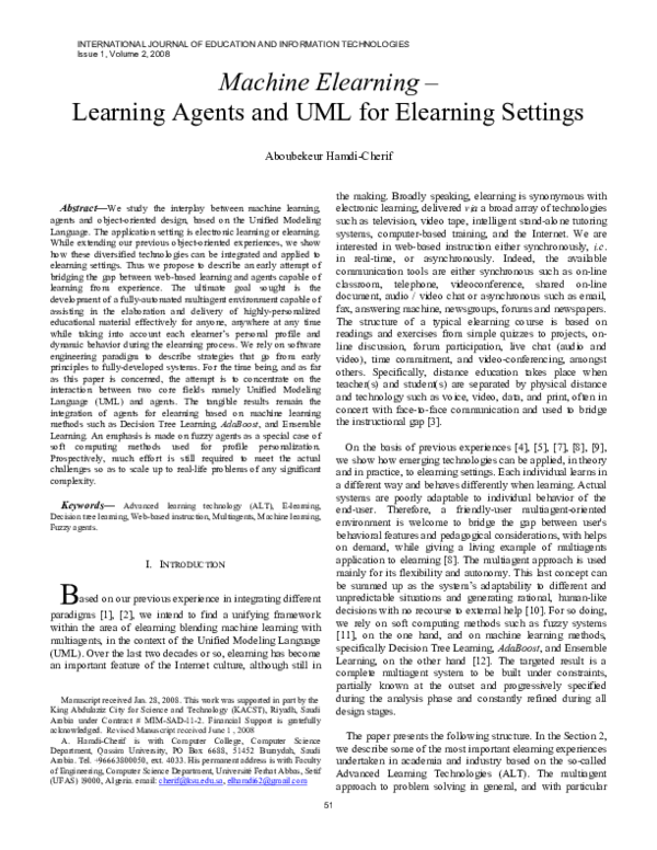 (PDF) Machine Elearning–Learning Agents and UML for Elearning Settings
