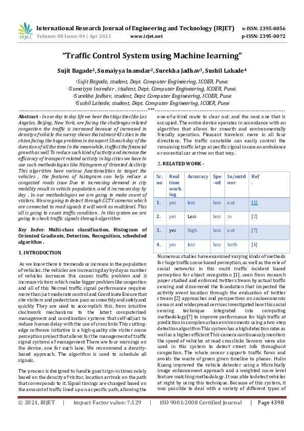 (PDF) IRJET- "Traffic Control System using Machine learning"