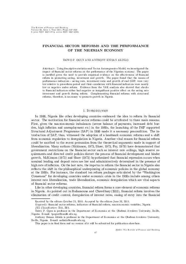 (PDF) Financial Sector Reforms and the Performance of the Nigerian Economy