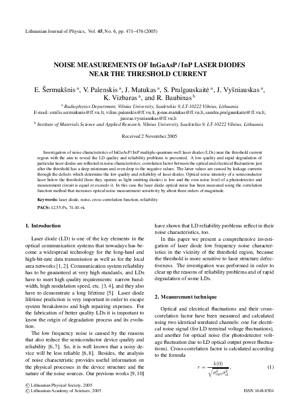 (PDF) Noise measurements of InGaAsP/InP laser diodes near the threshold current