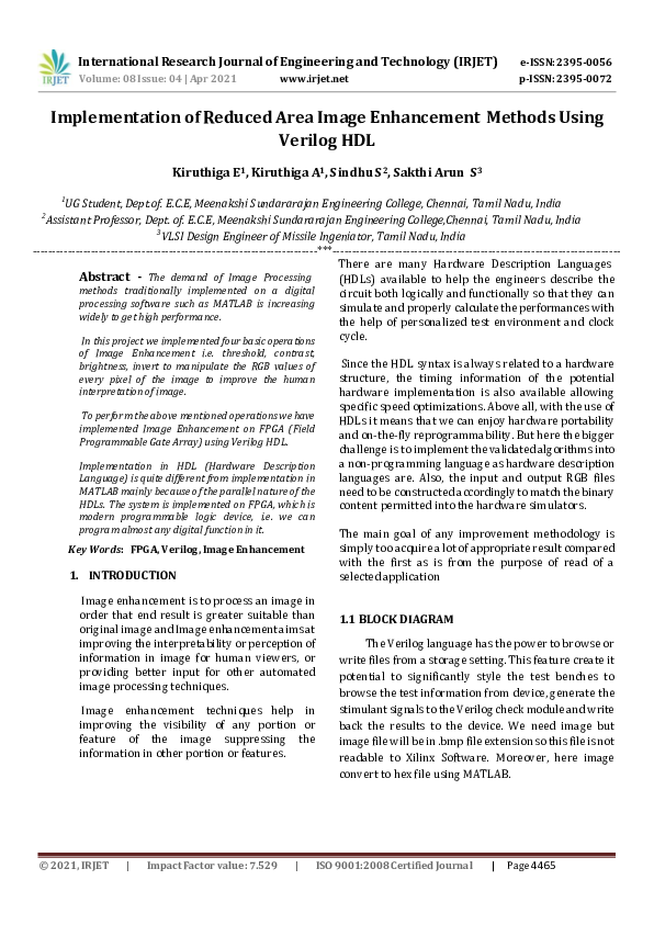 (PDF) IRJET- Implementation of Reduced Area Image Enhancement Methods using Verilog HDL