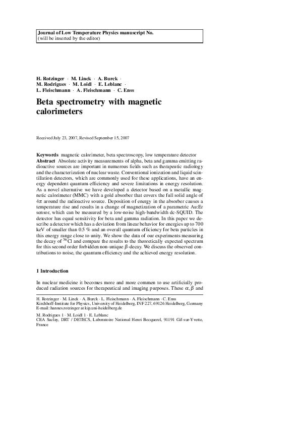 (PDF) Beta Spectrometry with Magnetic Calorimeters