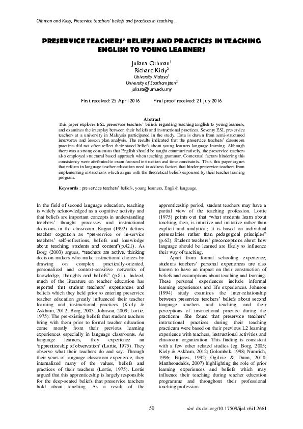 (PDF) Preservice Teachers’ Beliefs and Practices in Teaching English to Young Learners