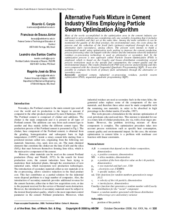 (PDF) Alternative fuels mixture in cement industry kilns employing Particle Swarm Optimization ...