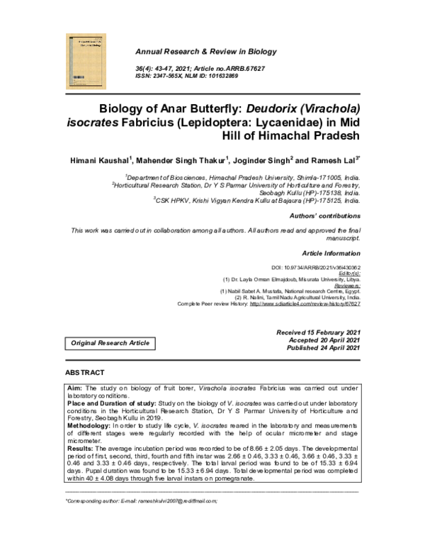 (PDF) Biology of Anar Butterfly: Deudorix (Virachola) isocrates ...