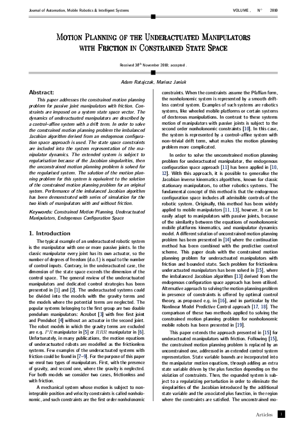 (PDF) Motion Planning of the Underactuated Manipulators with Friction in Constrained State Space