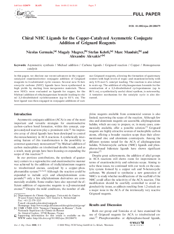(PDF) Chiral NHC Ligands for the Copper-Catalyzed Asymmetric Conjugate ...