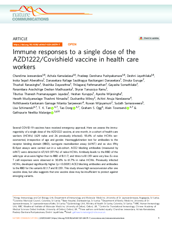 (PDF) Immune responses to a single dose of the AZD1222/Covishield ...