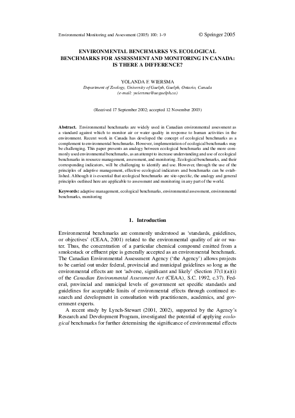 (PDF) Environmental benchmarks vs. ecological benchmarks for assessment ...