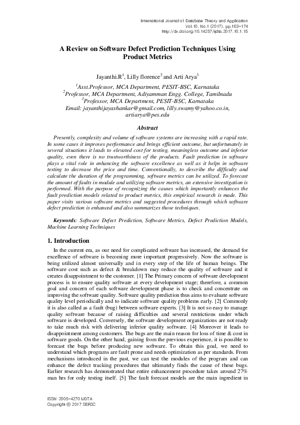 Pdf A Review On Software Defect Prediction Techniques Using Product Metrics