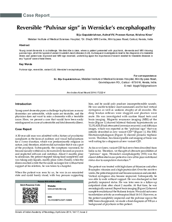 (PDF) Reversible "Pulvinar sign" in Wernicke's encephalopathy