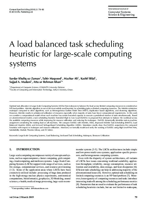 A Load Balanced Task Scheduling Heuristic For Large Scale Computing Systems