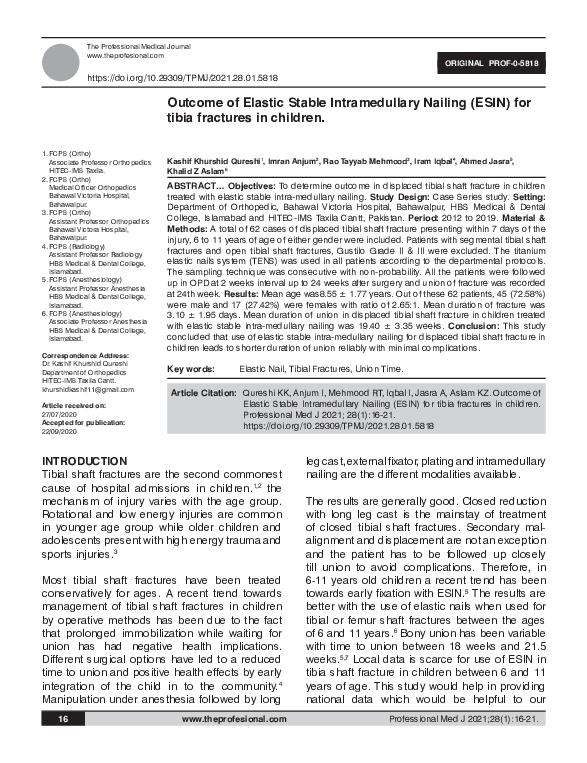 (PDF) Outcome of Elastic Stable Intramedullary Nailing (ESIN) for tibia fractures in children