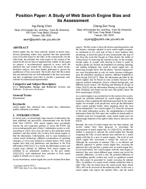 (PDF) Position Paper: A Study of Web Search Engine Bias and its Assessment