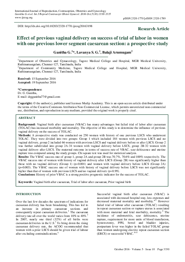 (PDF) Effect of previous vaginal delivery on success of trial of labor ...