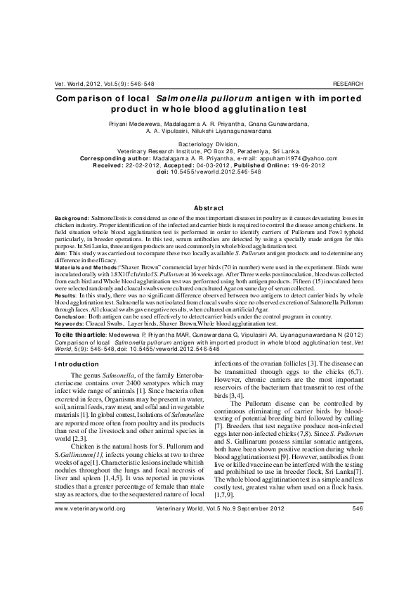 (PDF) Comparison of local Salmonella pullorum antigen with imported ...
