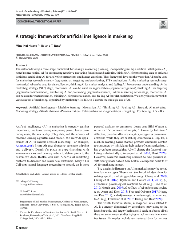 (PDF) A strategic framework for artificial intelligence in marketing