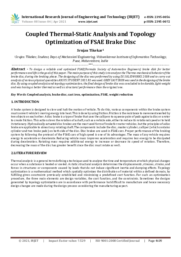 Pdf Irjet Coupled Thermal Static Analysis And Topology Optimization