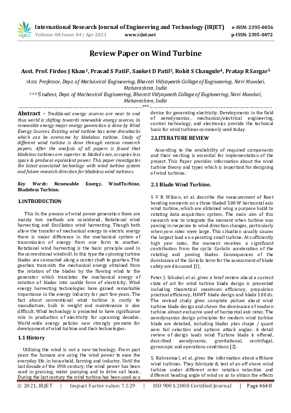 (PDF) IRJET- Review Paper on Wind Turbine