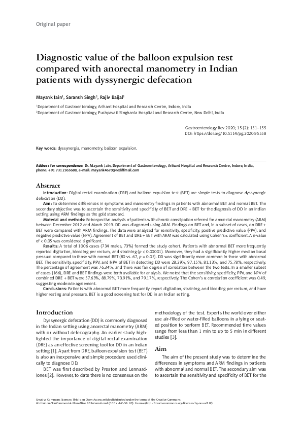 (PDF) Diagnostic value of the balloon expulsion test compared with ...