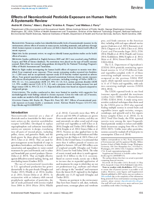 (PDF) Effects of Neonicotinoid Pesticide Exposure on Human Health: A ...
