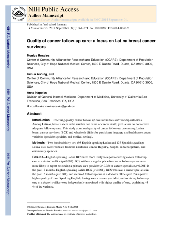 (PDF) Quality of cancer follow-up care: a focus on Latina breast cancer ...
